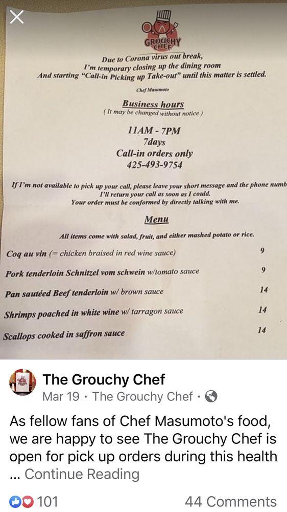 Menu at Grouchy Chef restaurant, Mukilteo