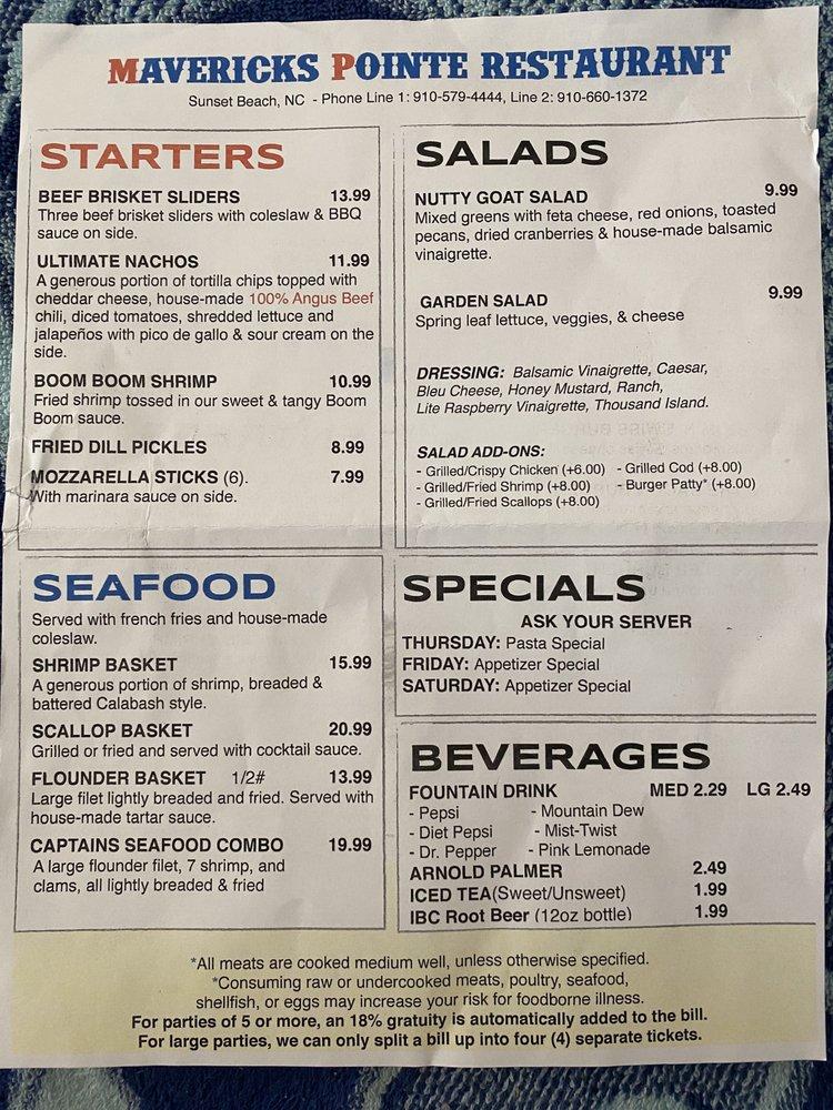 Menu at Mavericks Pointe pub & bar, Sunset Beach