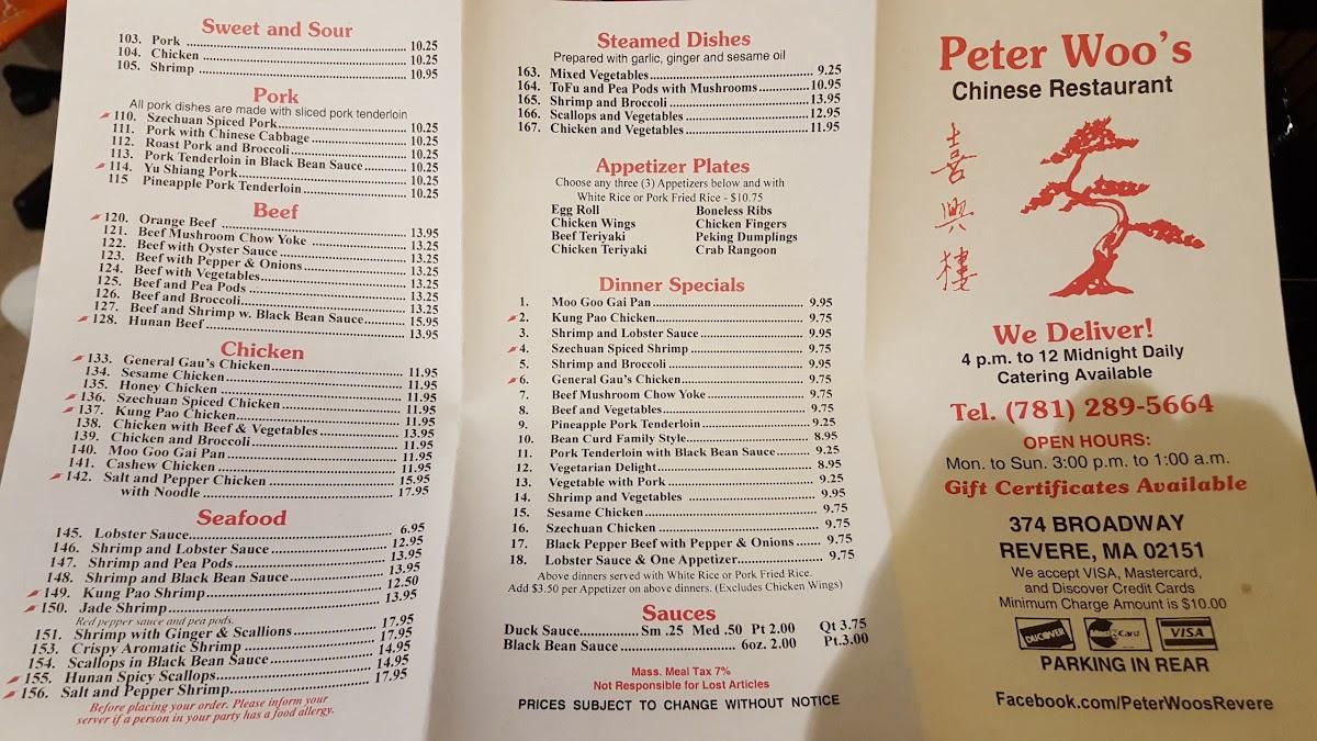 Menu at Peter Woo's restaurant, Revere