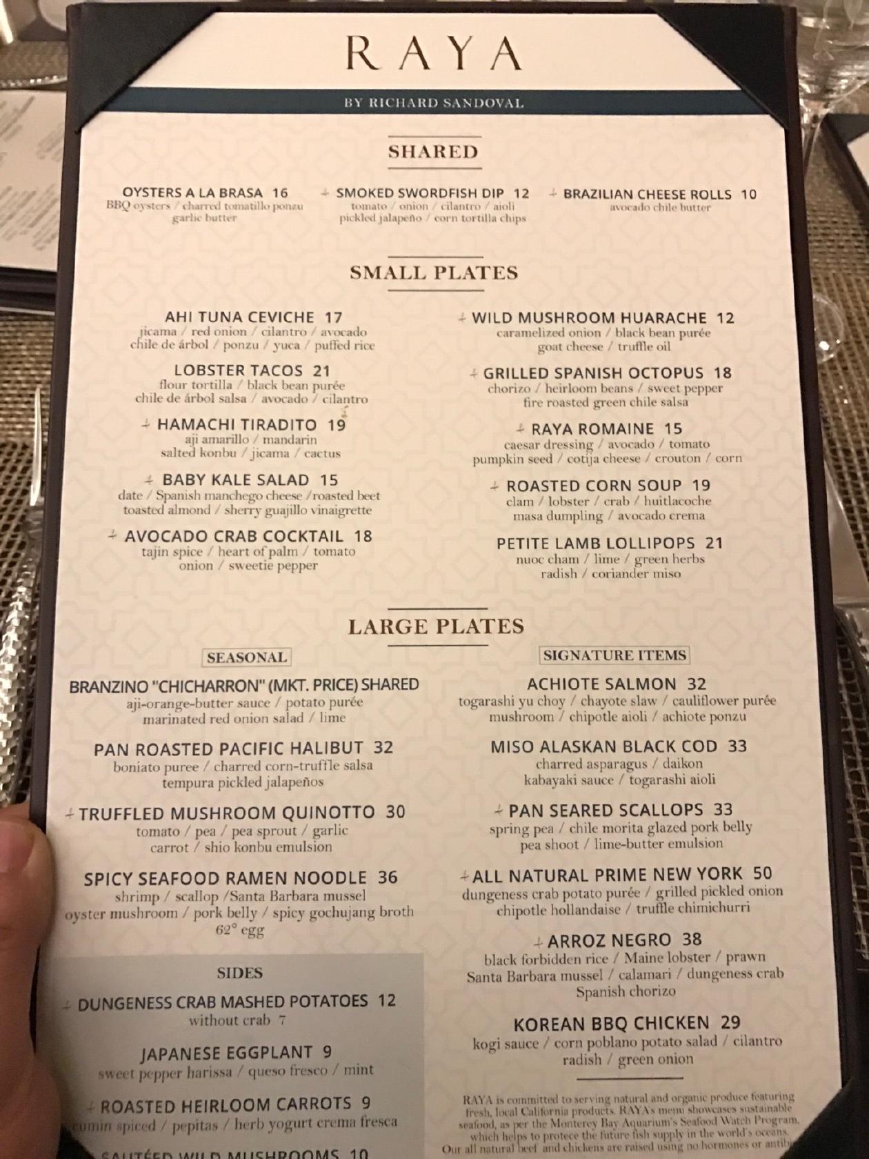 Menu at Raya restaurant, Dana Point