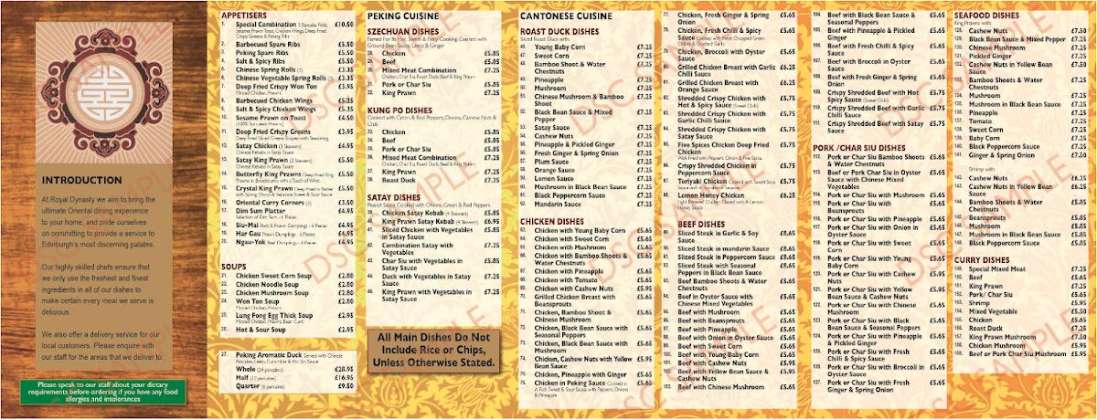 Menu at Royal Dynasty fast food, Edinburgh, 197 Whitehouse Rd