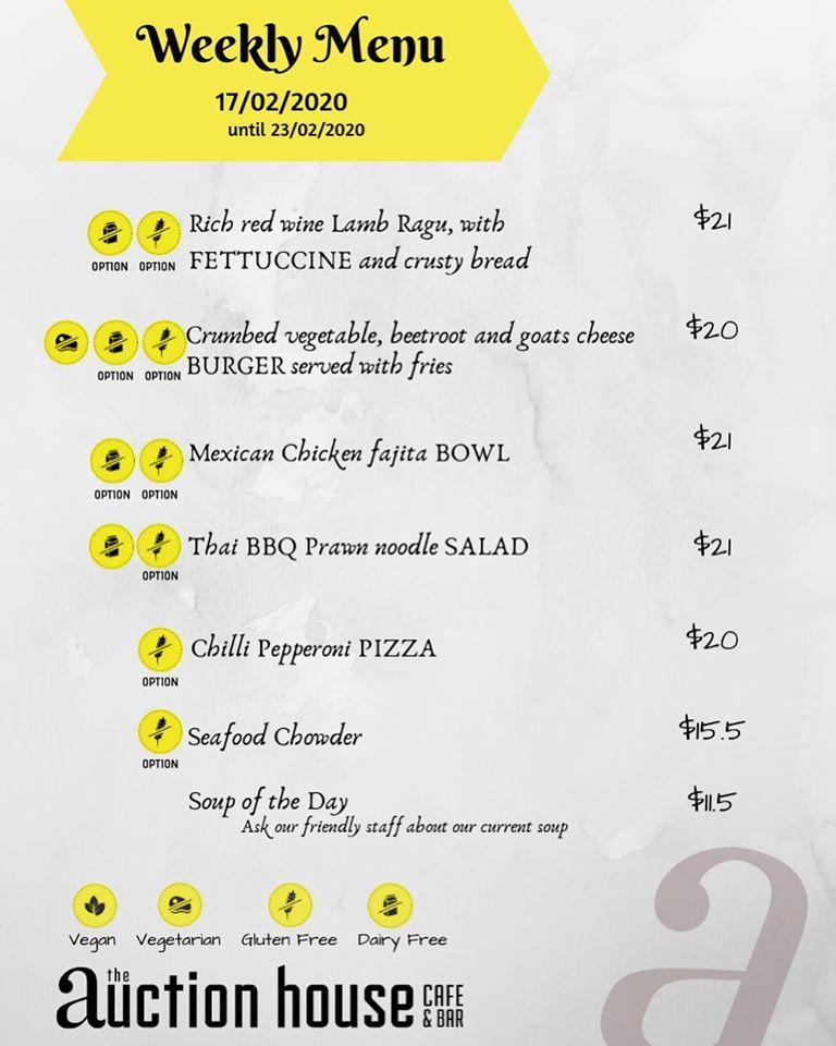 Menu at The Auction House cafe, Invercargill
