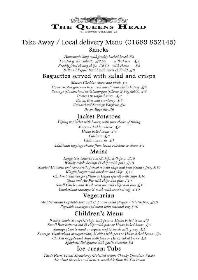 Menu at The Queens Head pub & bar, Downe, 25 High Street Downe