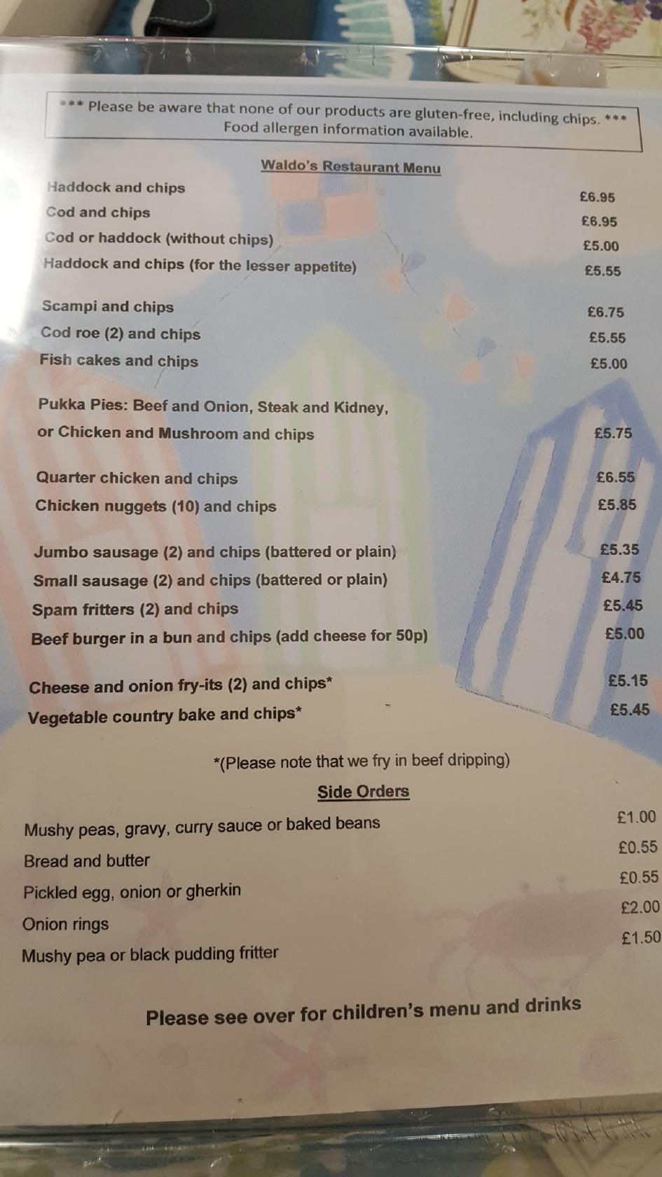 Menu at Waldo's Fish & Chips restaurant, Mablethorpe, 37 High St