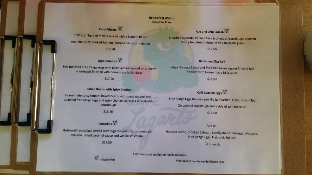 Menu at Café Lagarto cafe, Samford Valley
