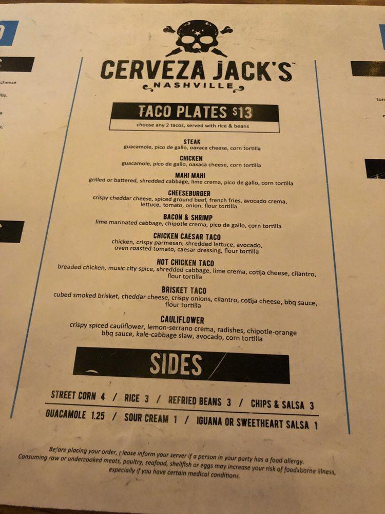 Menu at Cerveza Jack's pub & bar, Nashville