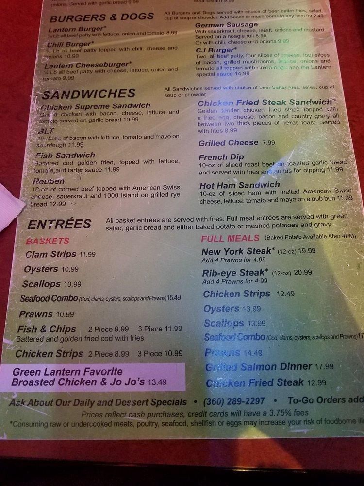 Menu at Green Lantern Pub, Copalis Beach