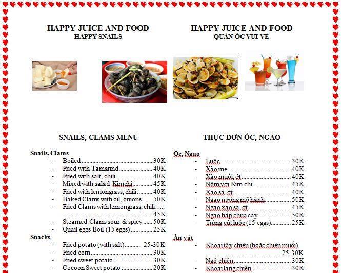 Menu at Happy Juice pub & bar, Hanoi, Đường Tô Ngọc Vân