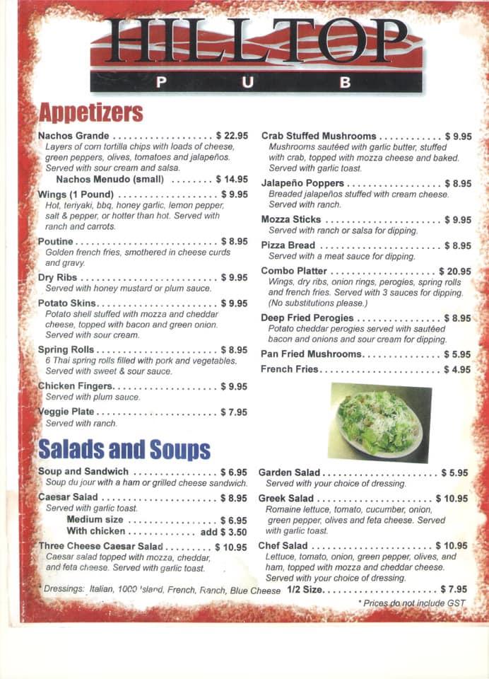 Menu at Hilltop Pub, Edmonton