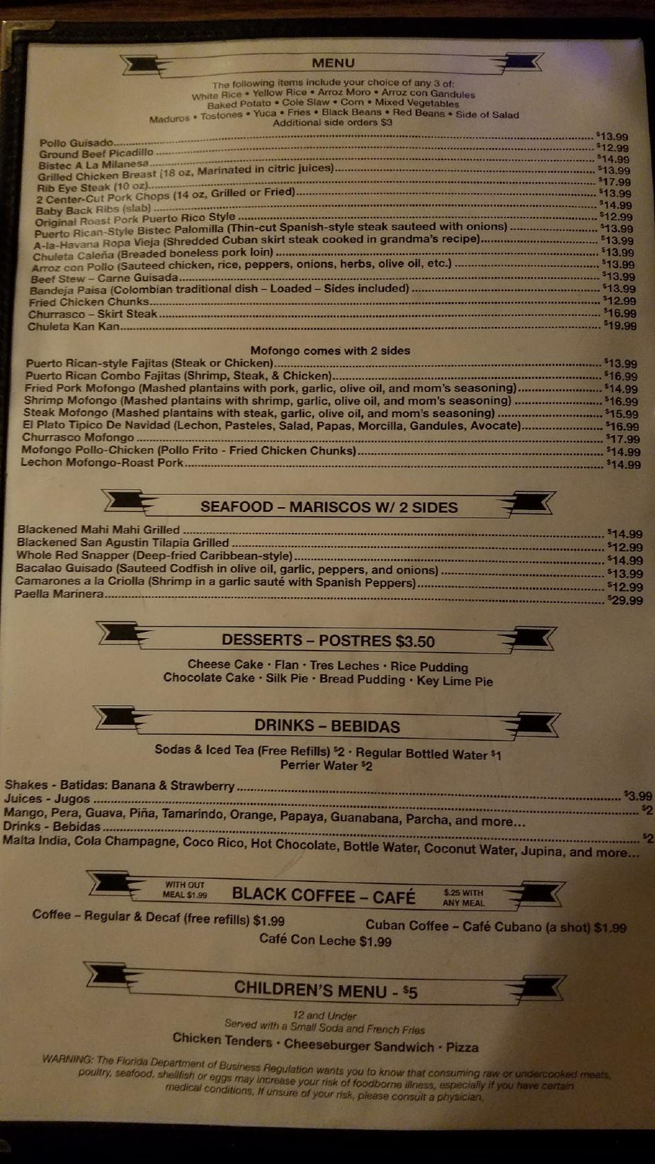 Menu at Latin Quarters restaurant, Sarasota
