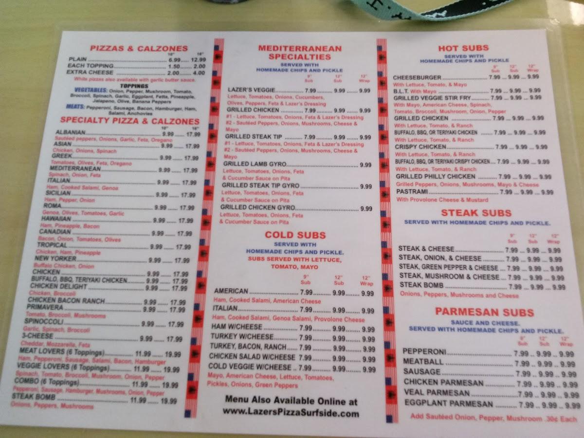 Menu at Lazer's Pizza pizzeria, Surfside Beach