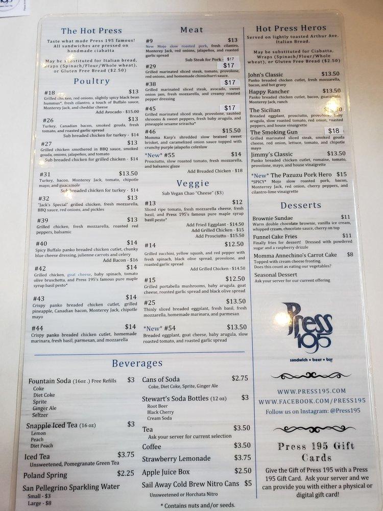 Menu at Press 195 pub & bar, Rockville Centre, 22 N Park Ave