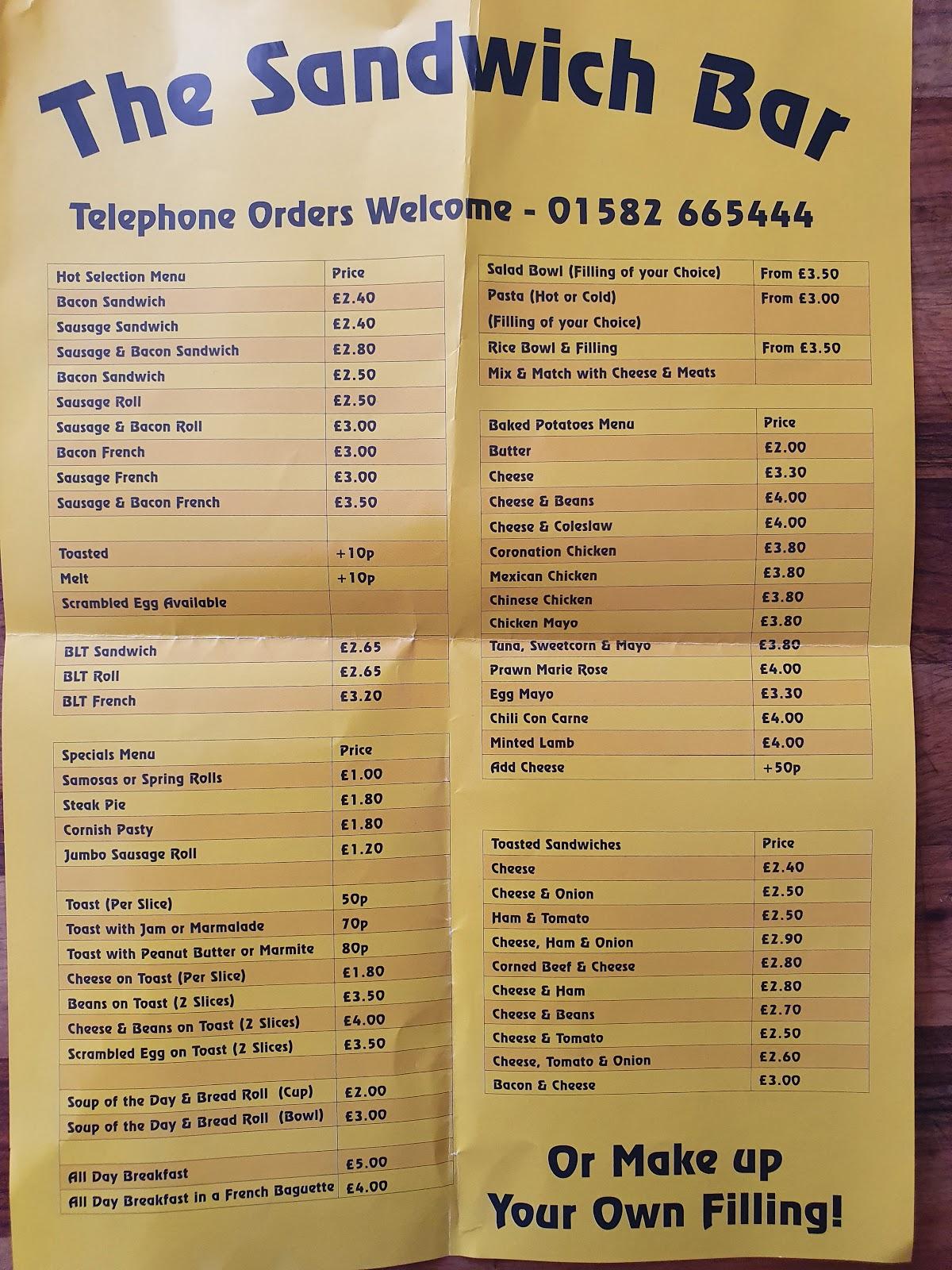 The Sandwich Bar, Dunstable - Restaurant menu, prices and reviews