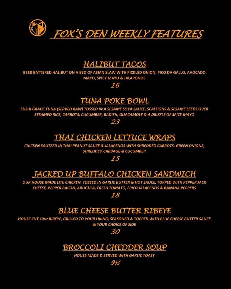 Menu at Fox's Den Bar & Grill, Williams Lake