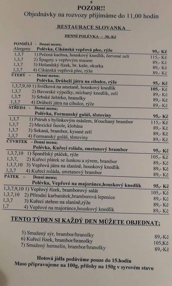 Menu at Restaurace Slovanka restaurant, Stochov