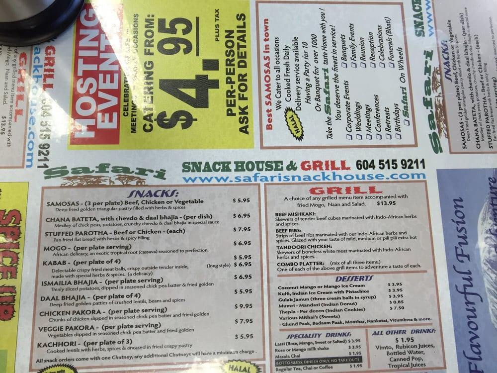 Menu at Safari Snack House restaurant, Burnaby