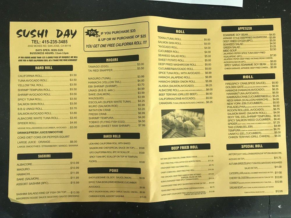 Menu at Sushi Day restaurant, San Jose