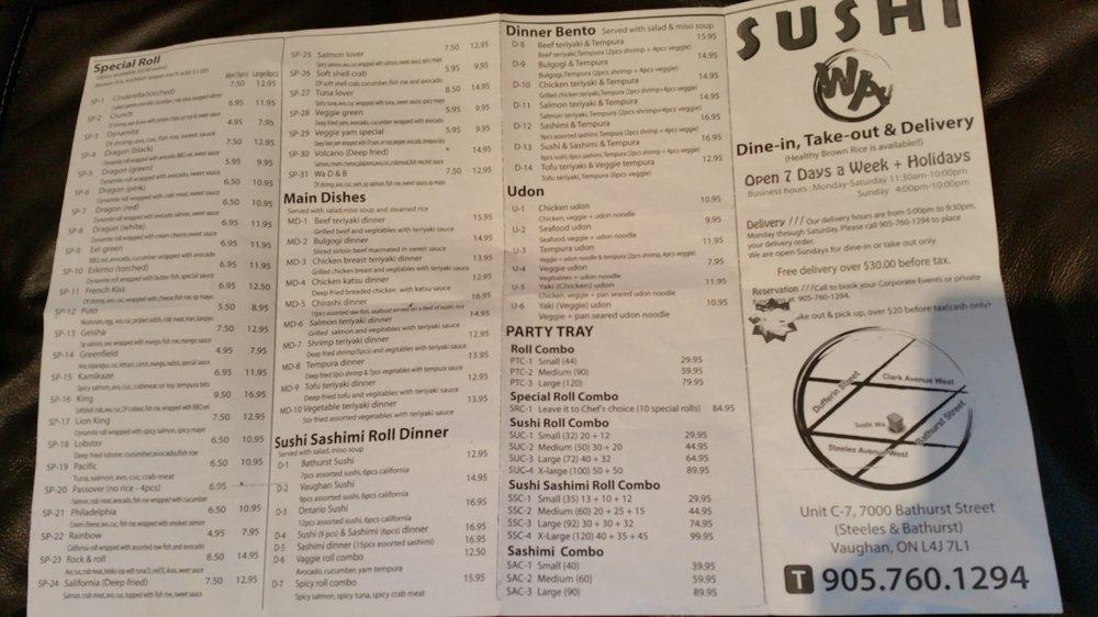Menu at Sushi Wa restaurant, Vaughan