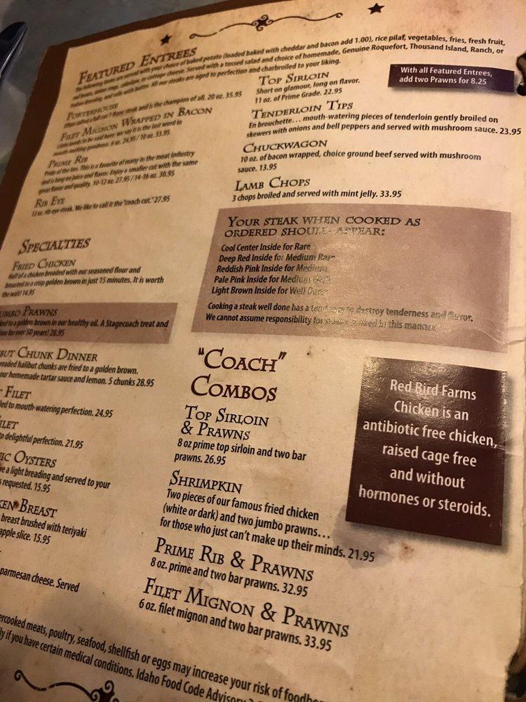 Menu at The Stagecoach Inn steakhouse, Garden City