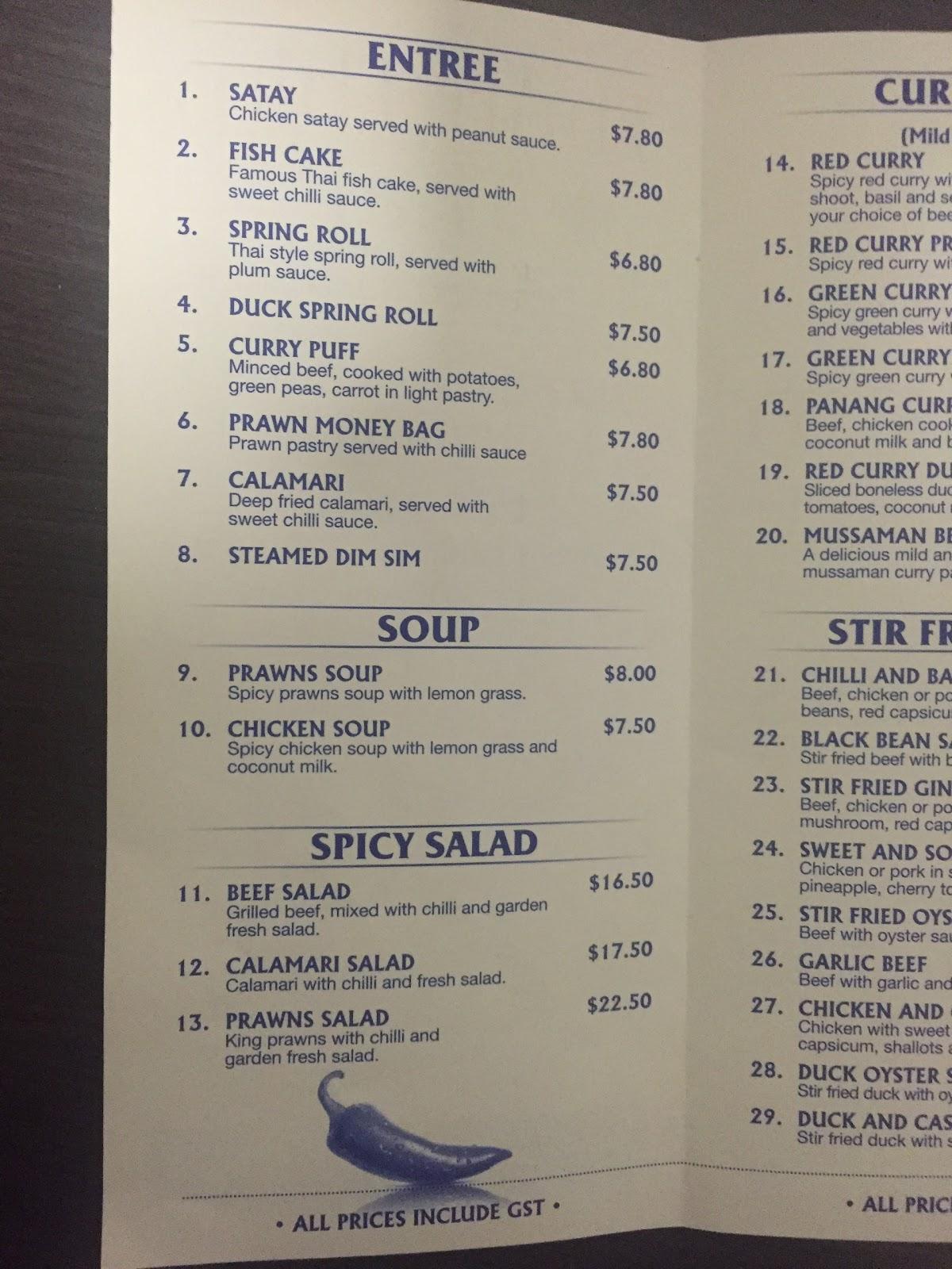 Menu at Thub Thim Thai restaurant, Gunnedah