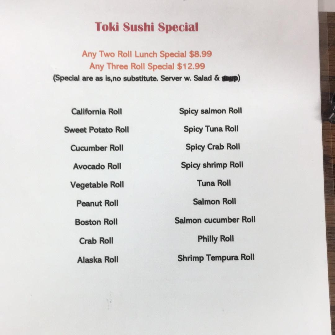 Menu at Toki Sushi Steakhouse, Rainsville