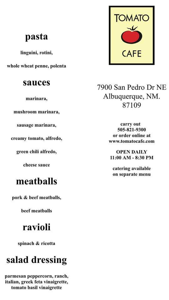 Carta de Tomato Cafe, Albuquerque, San Pedro Dr NE