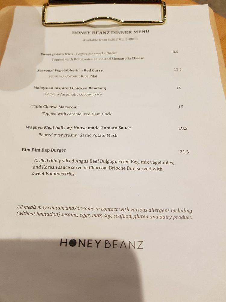 Menu at Honey Beanz cafe, Subiaco, 6/28 Hood St