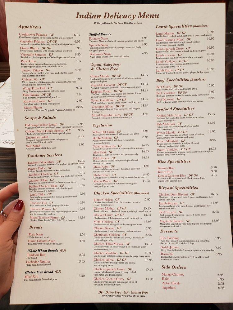 Menu at Indian Delicacy restaurant, Vancouver