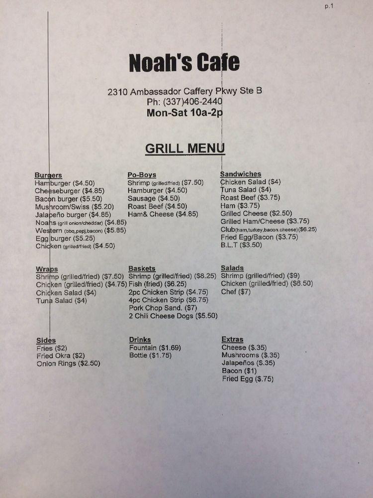 Menu at Noah's Cafe, Lafayette