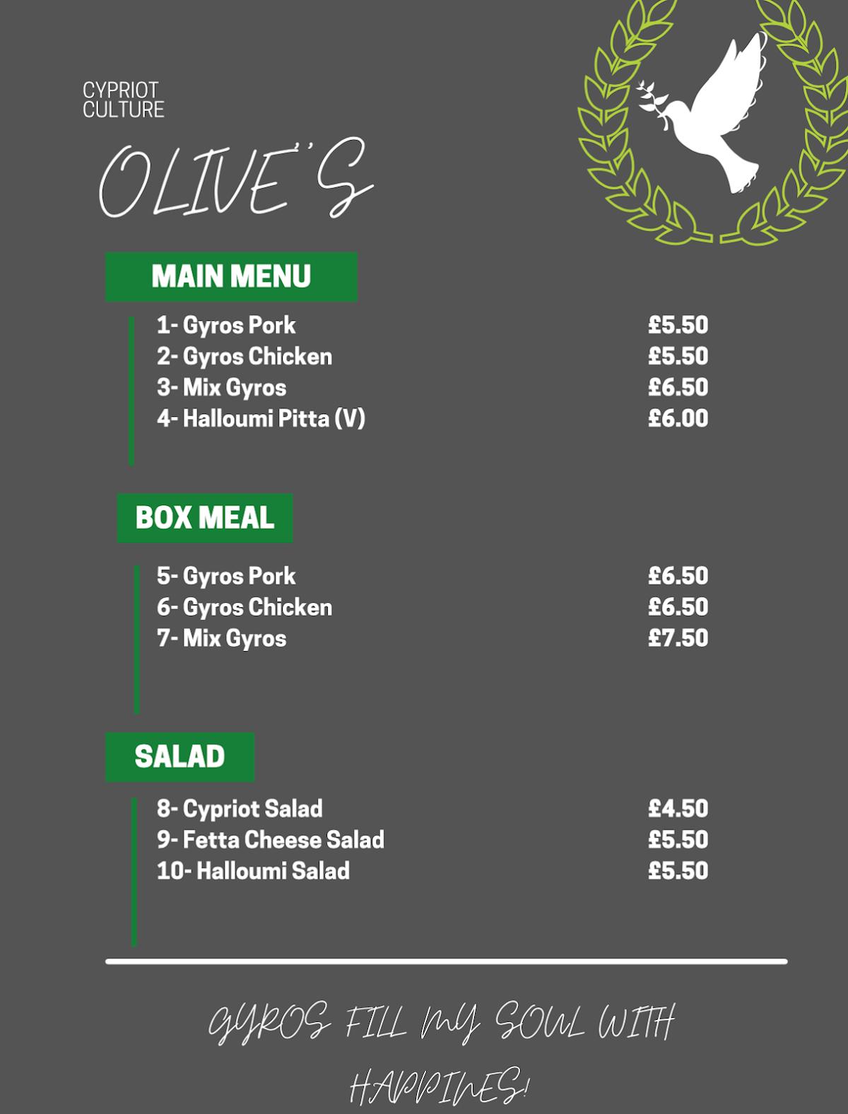 Menu at Olive's Cypriot Food restaurant, Crewe