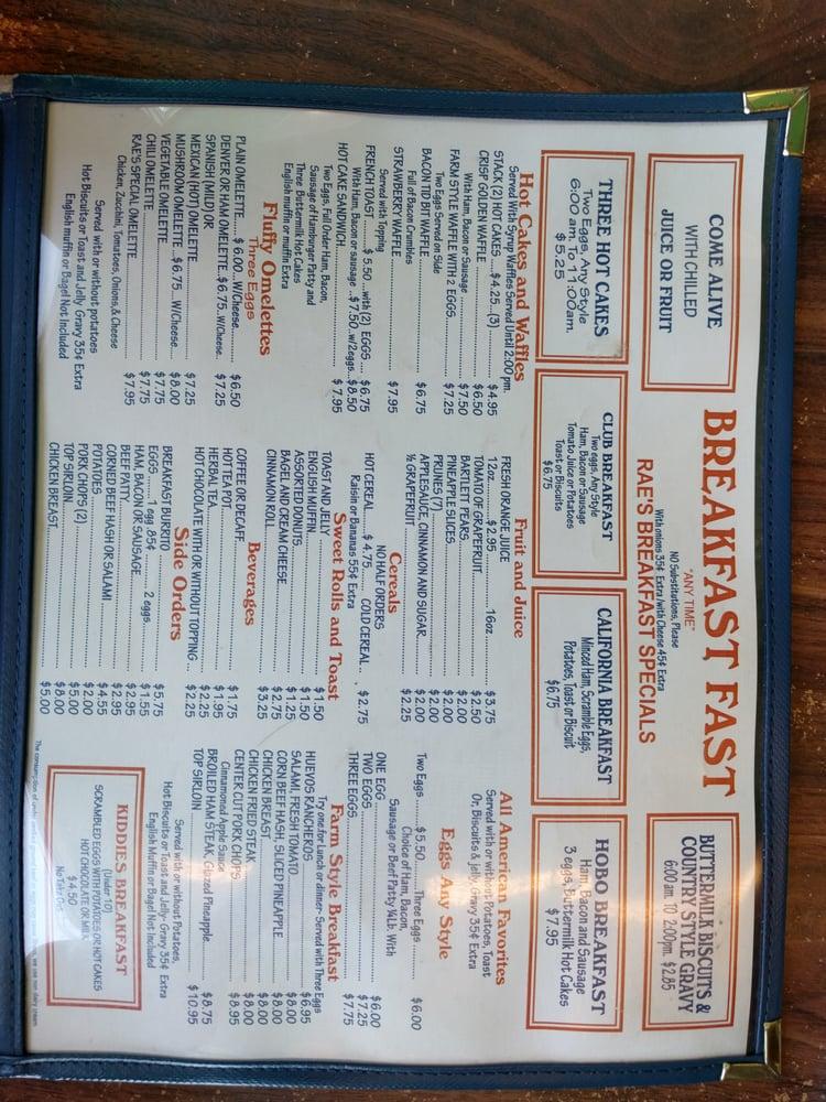 Menu at Rae's Restaurant, Santa Monica