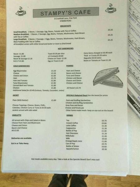 Menu at Stampys Cafe, West Bromwich