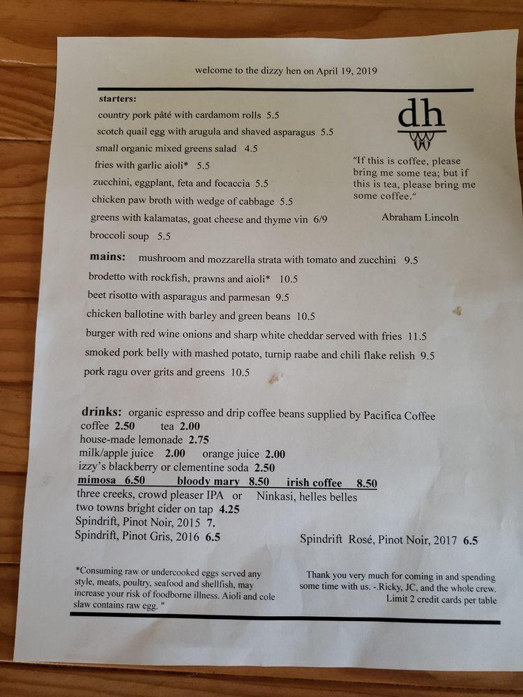 Menu at The Dizzy Hen restaurant, Philomath, Main St