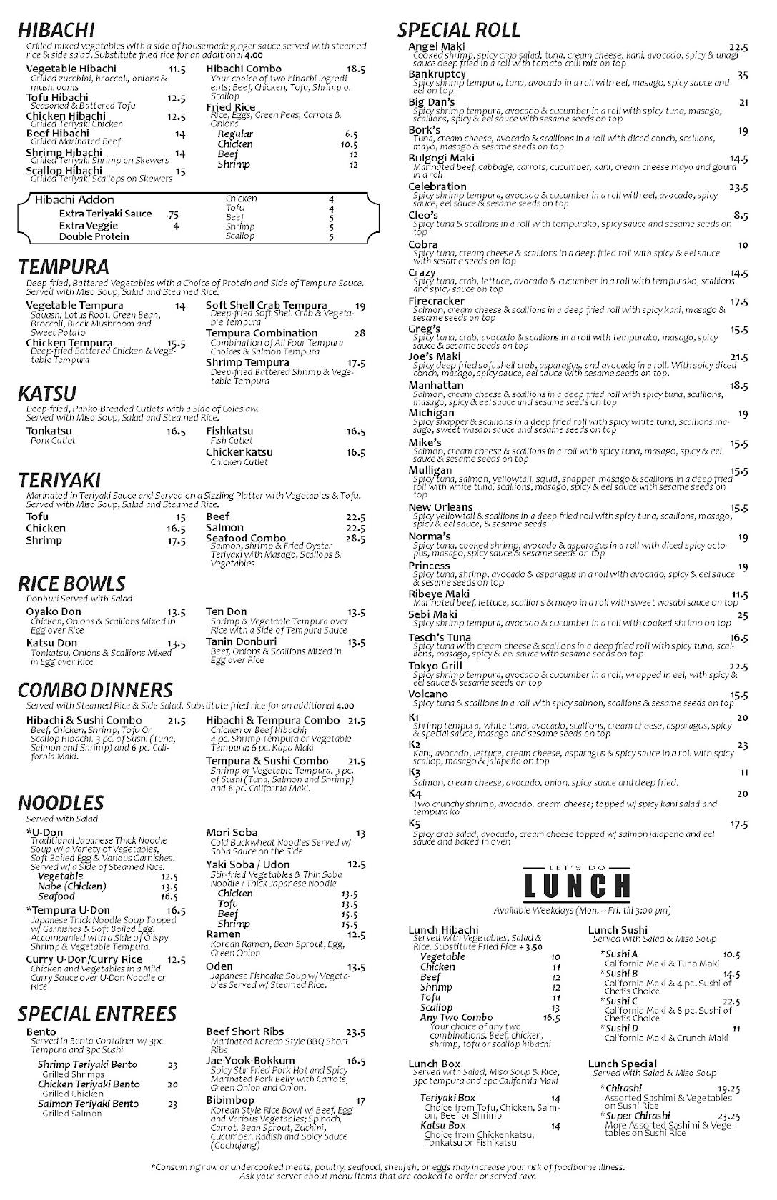Menu at Tokyo Grill & Sushi restaurant, Kentwood