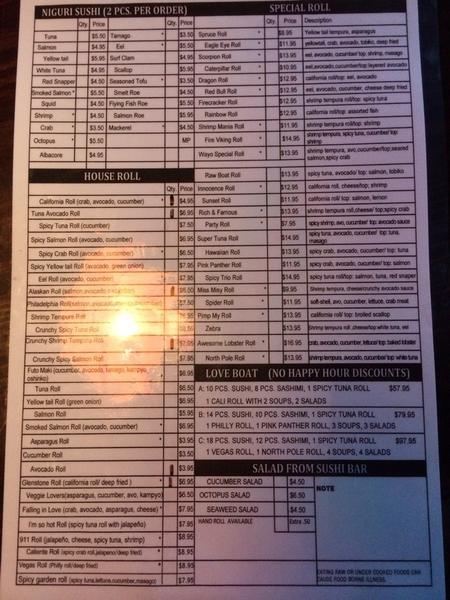 Menu at Wayo Japan restaurant, Springfield