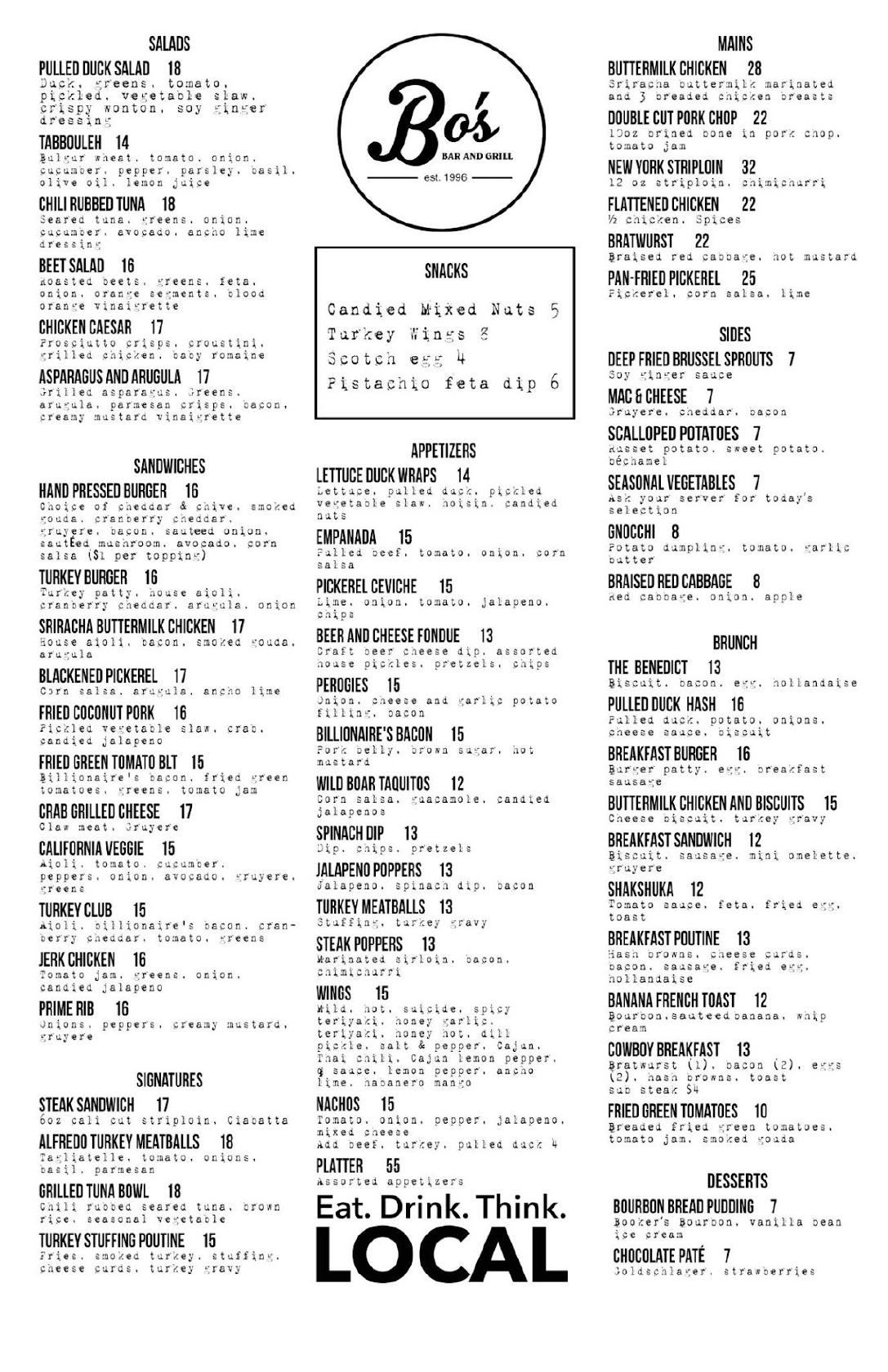 Menu at Bo's Bar & Stage, Red Deer, 50 Ave