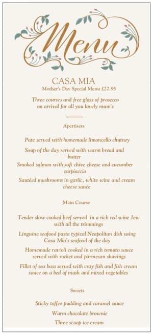 Menu at Casa Mia restaurant, Sandbach