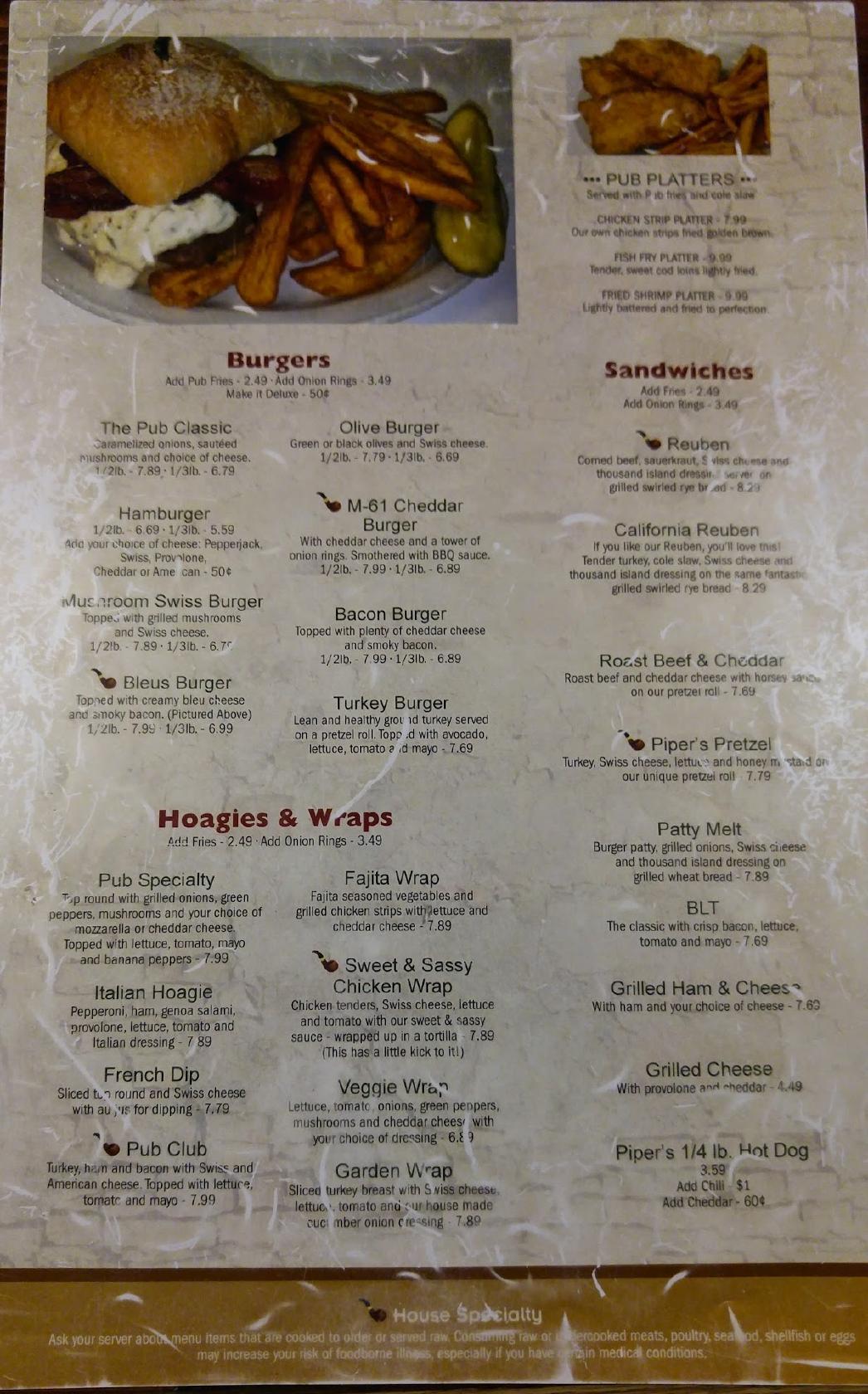 Menu at Piper's Pub, Gladwin