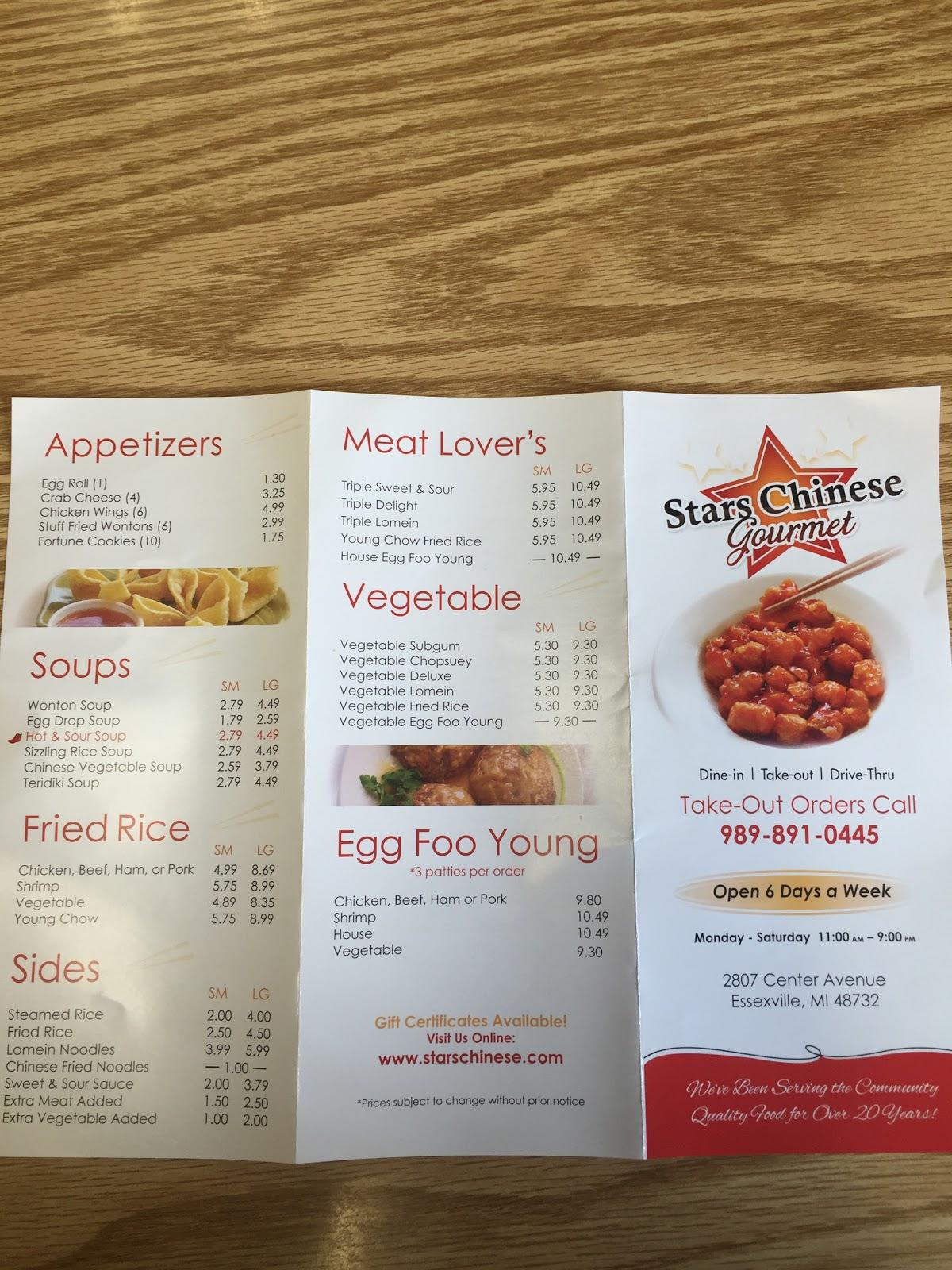 Menu at Stars Chinese Gourmet Restaurant, Essexville