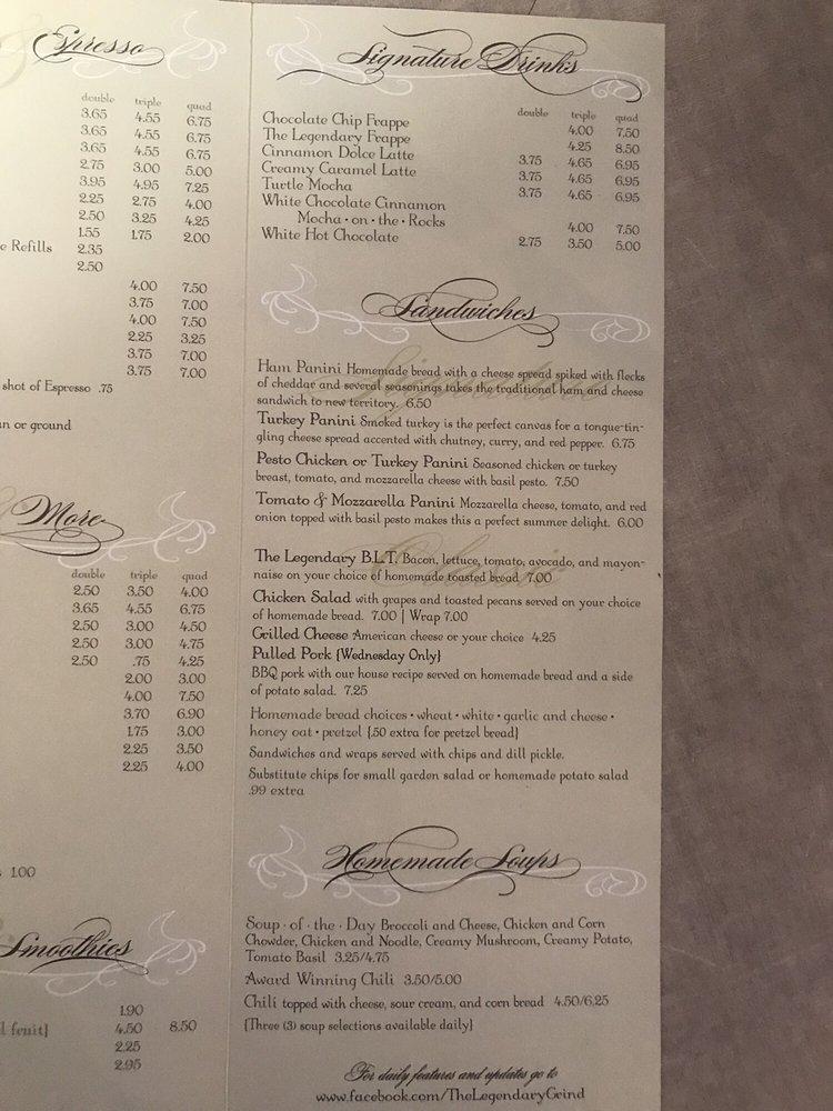 Menu at The Legendary Grind cafe, Middlebury