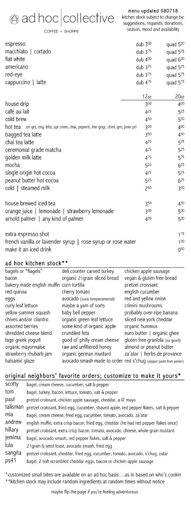 Menu at ad hoc : cafe, New York City