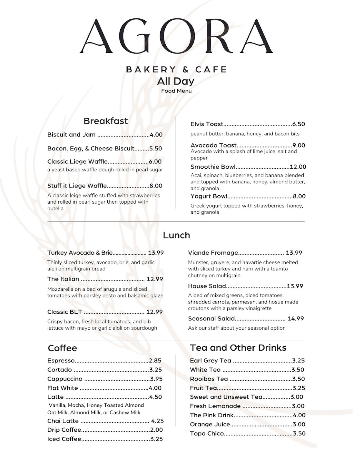 Menu at Agora Bakery and Cafe, Pinehurst