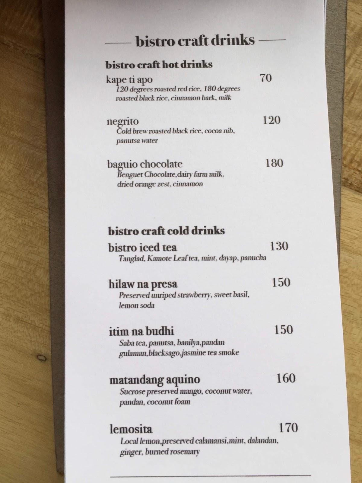 Menu at Bistro Lokal restaurant, Baguio