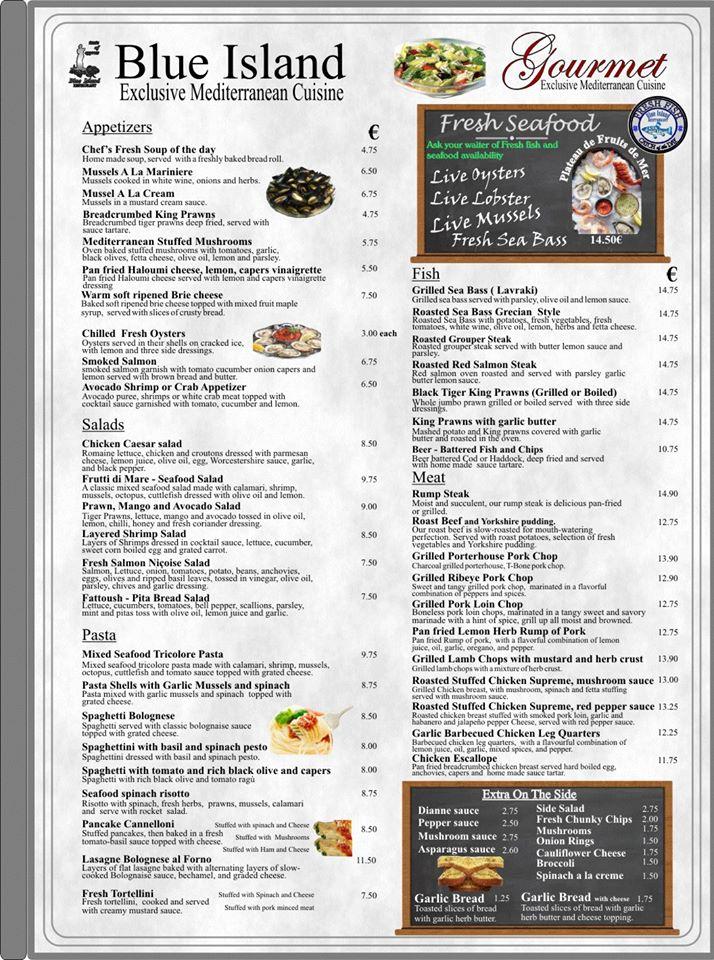 Menu at Blue Island, Limassol