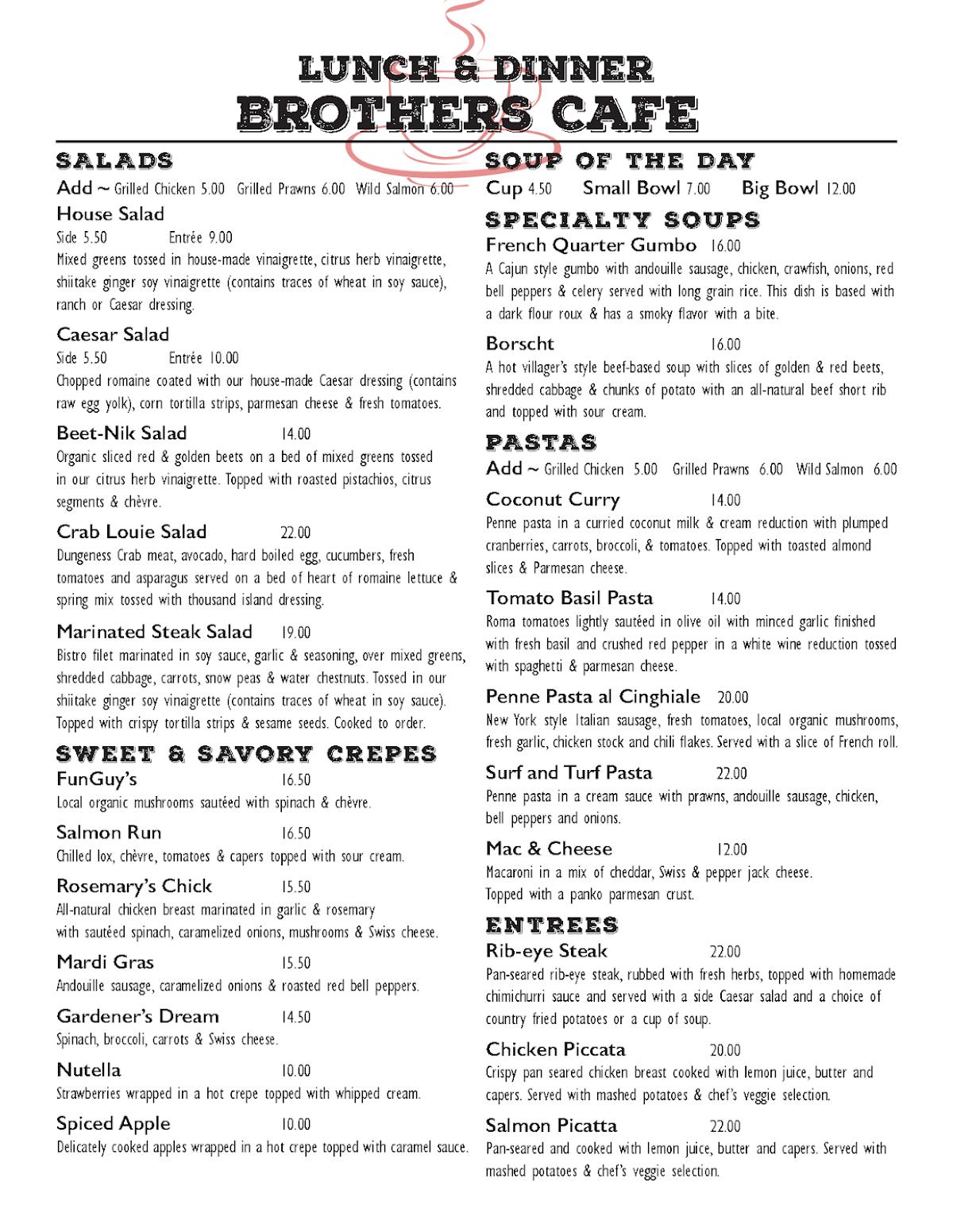 Menu at Brothers Cafe, Santa Rosa