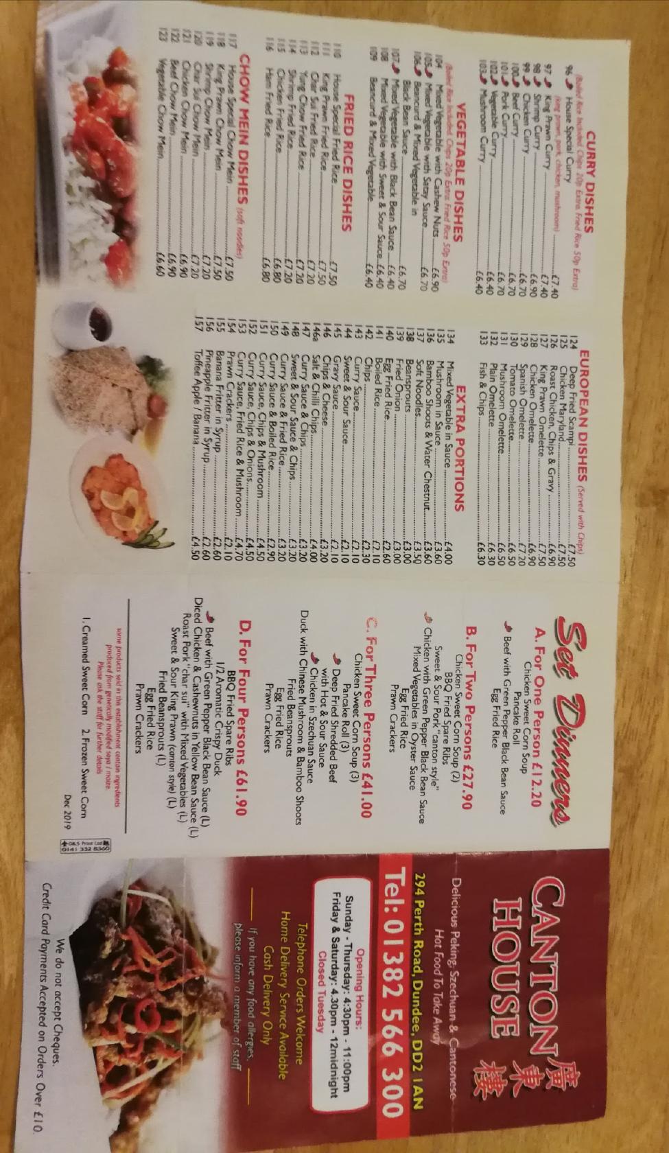Menu at Canton House fast food, Dundee