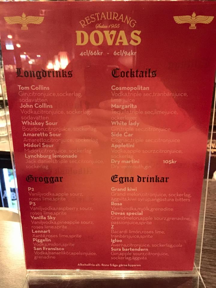 Menu at Dovas pub & bar, Stockholm, Hornsgatan 90