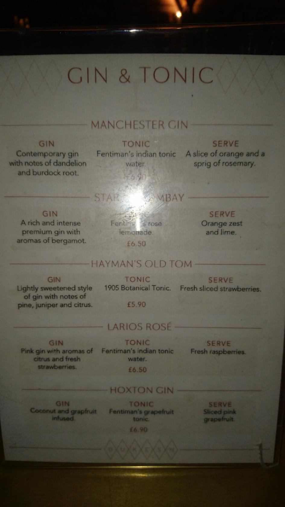 Menu at Dukes 92 pub & bar, Manchester
