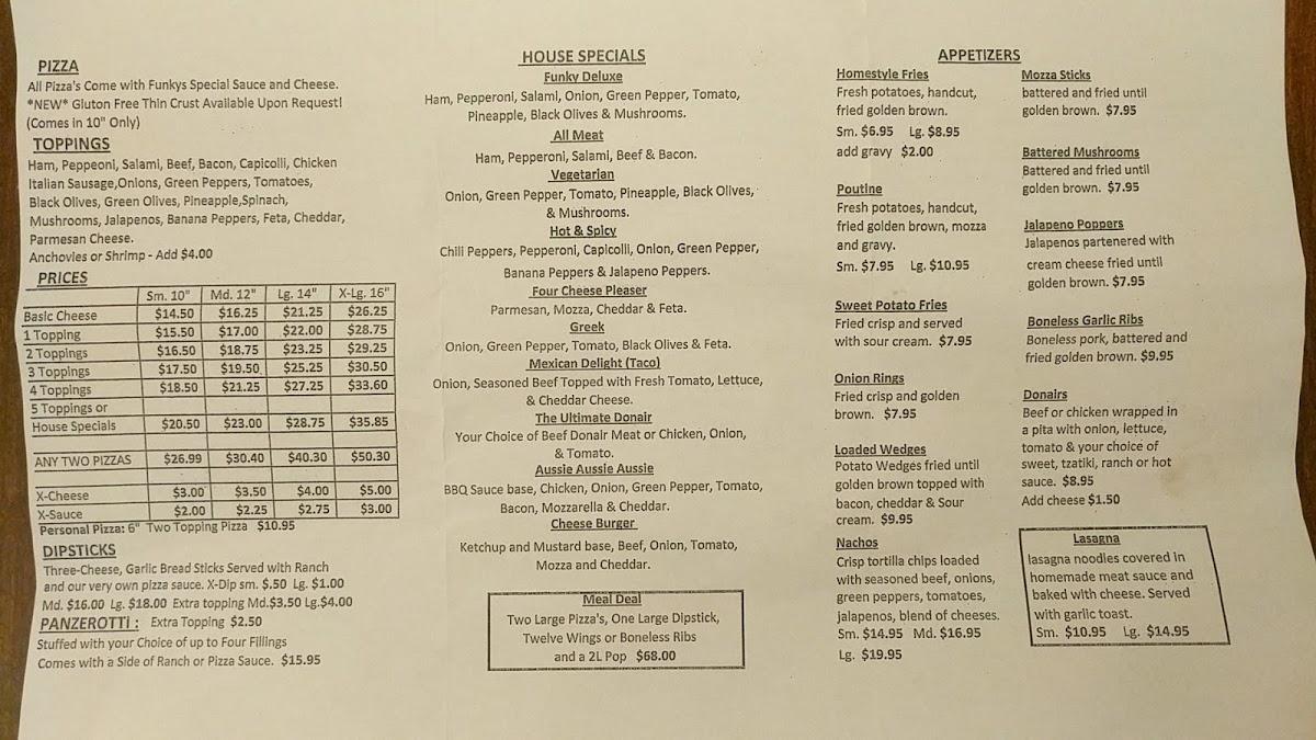 Menu at Funky Pizza restaurant, Sparwood