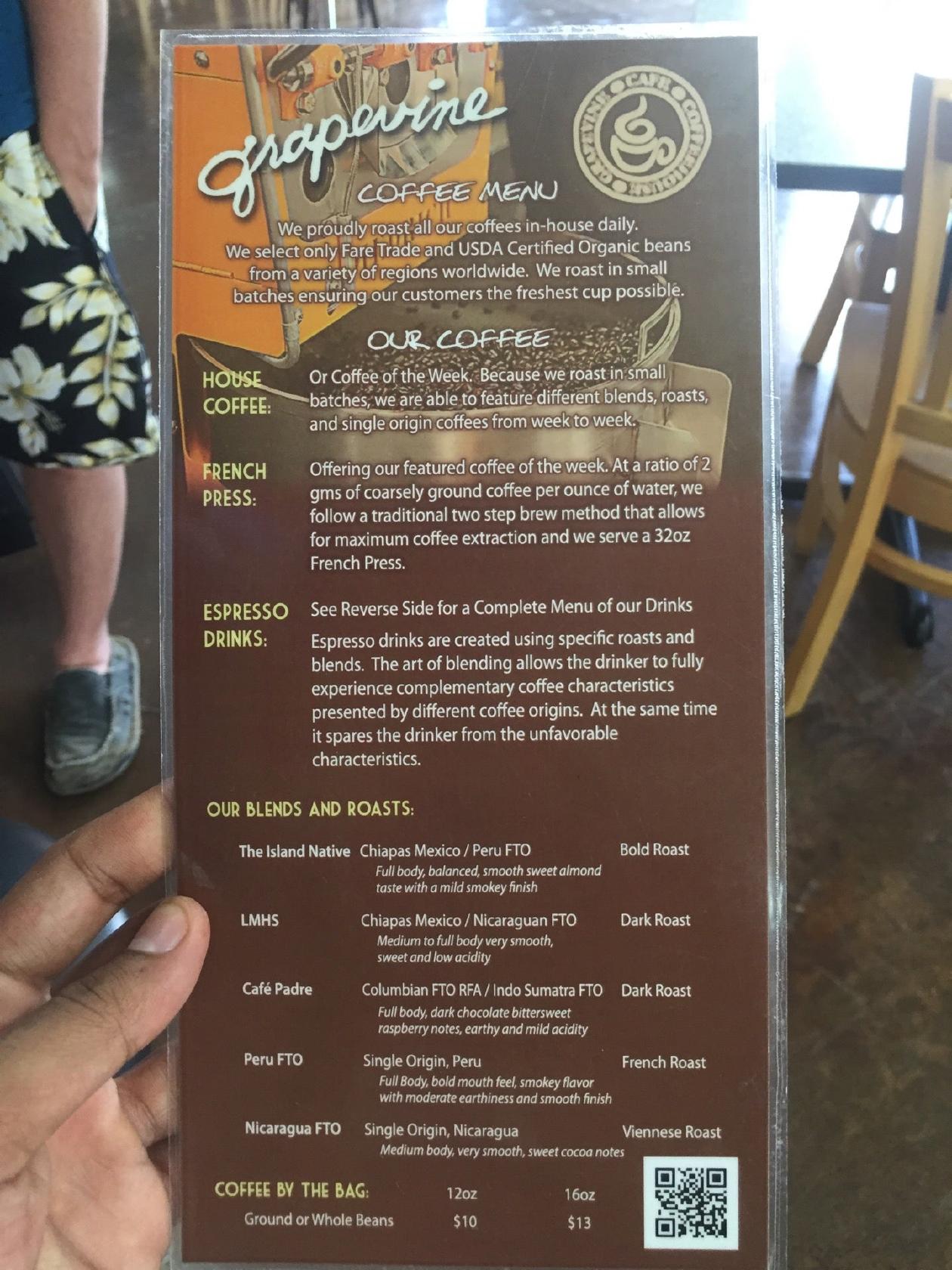 Menu at Grapevine Cafe, South Padre Island